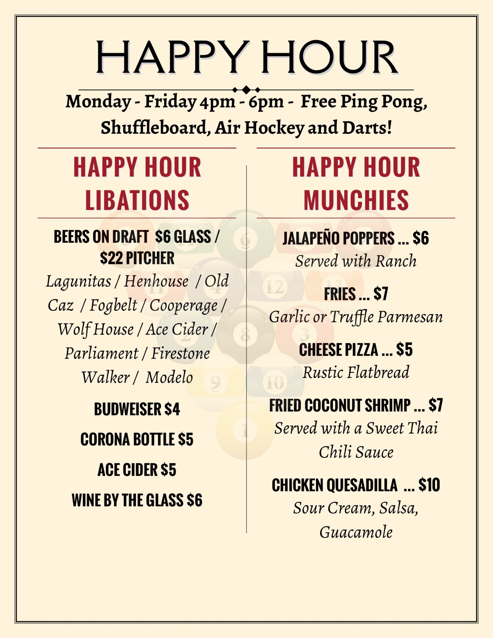 Daily Specials - Buffalo Billiards Pool Hall