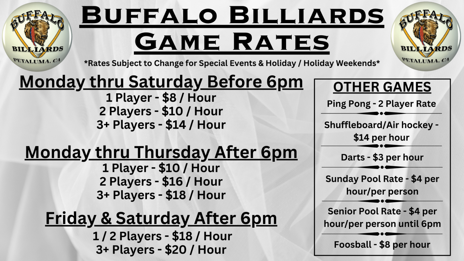 Rates - Buffalo Billiards Pool Hall